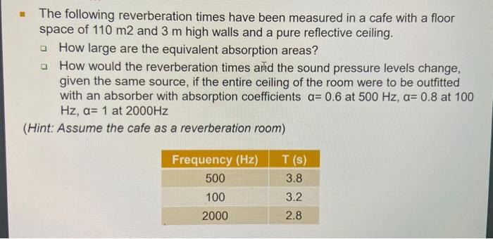Solved The following reverberation times have been measured | Chegg.com