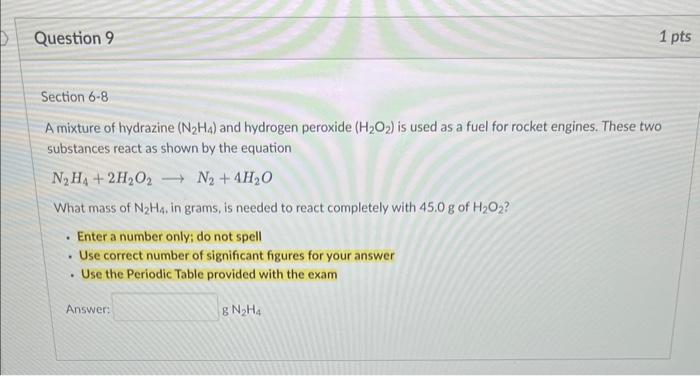 Solved A mixture of hydrazine (N2H4) and hydrogen peroxide | Chegg.com