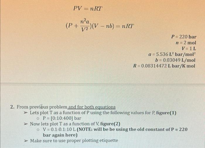 Solved PV = nRT na (P + V2)(V – nb) = nRT P = 220 bar n = 2 | Chegg.com