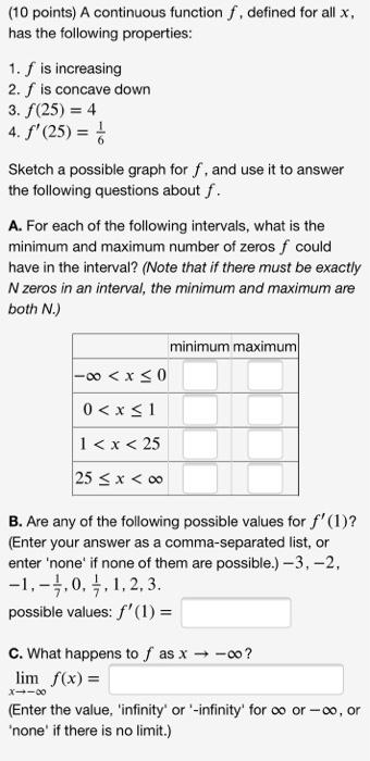 Solved (10 points) A continuous function f defined for all | Chegg.com