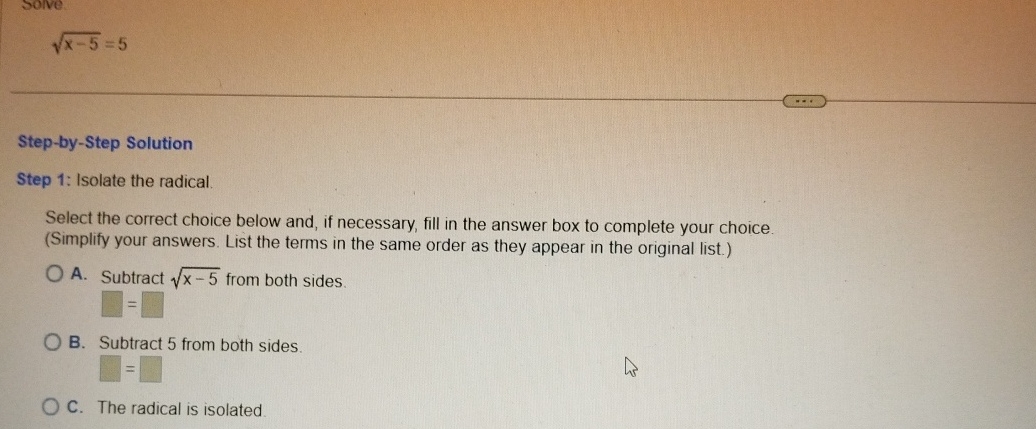 Solved Solve.x-52=5Step-by-Step SolutionStep 1: Isolate the | Chegg.com