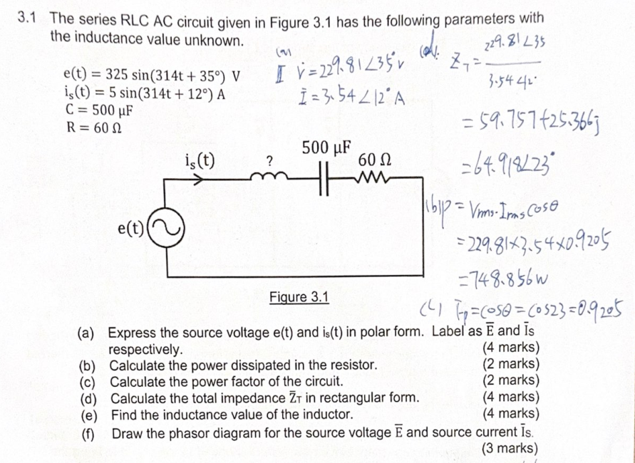 Solved 3.1 ﻿The series RLC AC ﻿circuit given in ﻿Figure 3.1 | Chegg.com