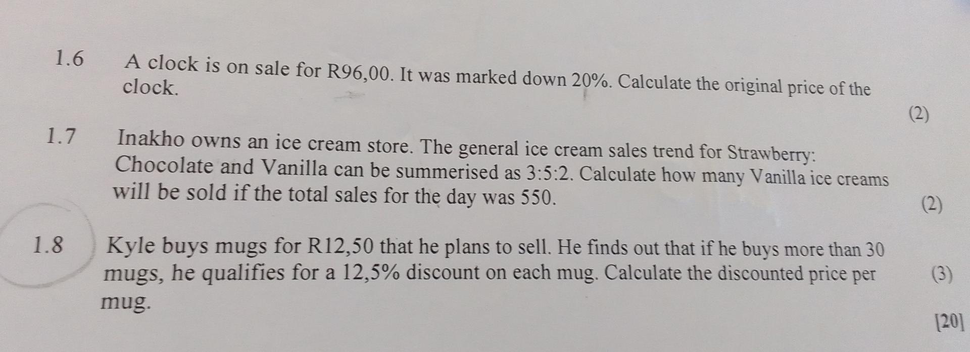 Solved 1.6 A clock is on sale for R96,00. It was marked down | Chegg.com