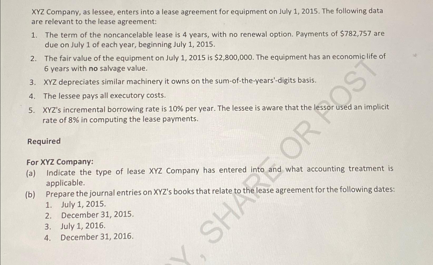 Solved XYZ Company, as lessee, enters into a lease agreement | Chegg.com