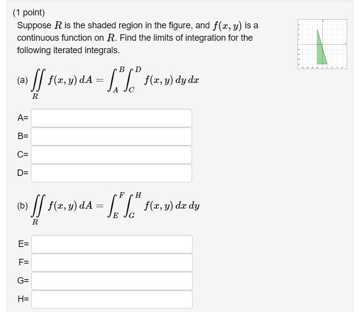 Solved (1 ﻿point)Suppose R ﻿is the shaded region in the | Chegg.com