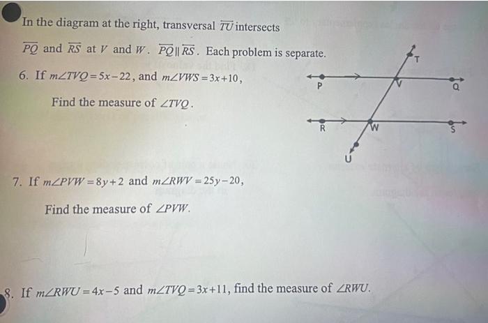 Solved In the diagram at the right, transversal TU | Chegg.com