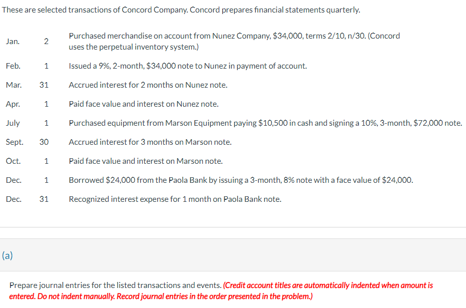 Solved These are selected transactions of Concord Company. | Chegg.com