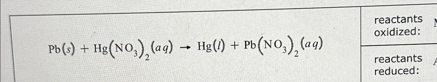 Solved Pb(s)+Hg(NO3)2(aq)→Hg(l)+Pb(NO3)2(aq) | Chegg.com