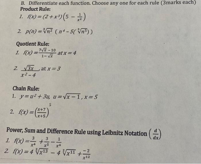 Solved B. Differentiate each function. Choose any one for | Chegg.com