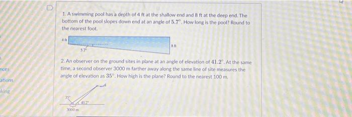 Solved 1. A swimming pool has a depth of 4 ft at the shallow | Chegg.com
