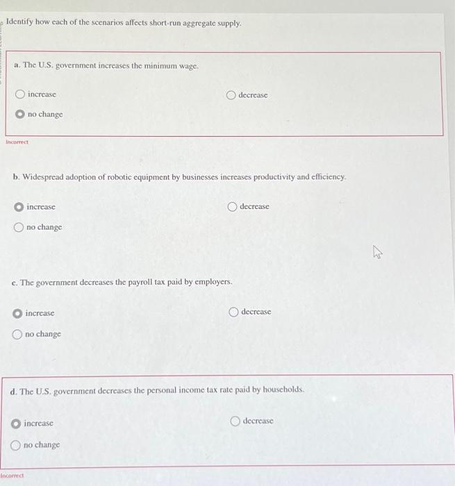 Solved Identify how each of the scenarios affects short-run | Chegg.com