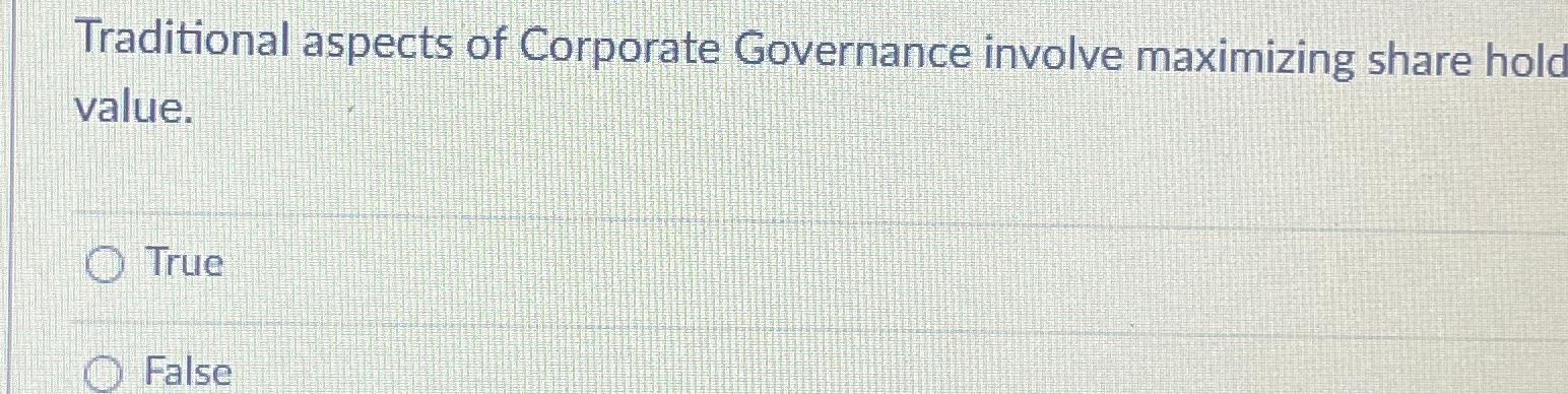 Solved Traditional aspects of Corporate Governance involve | Chegg.com