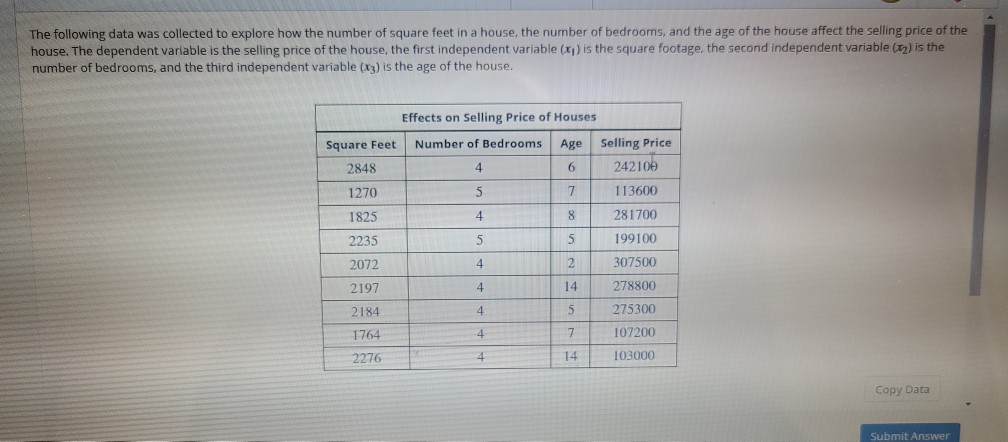Solved The following data was collected to explore how the | Chegg.com