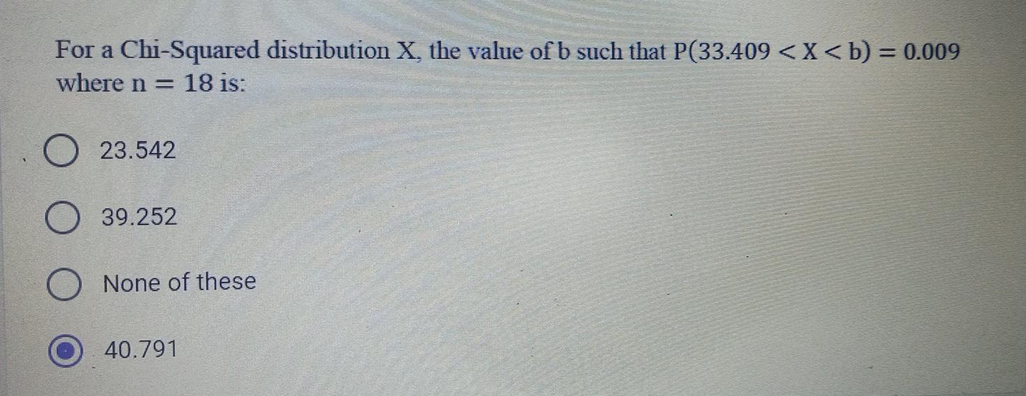 Solved For a Chi-Squared distribution X, the value of b such | Chegg.com