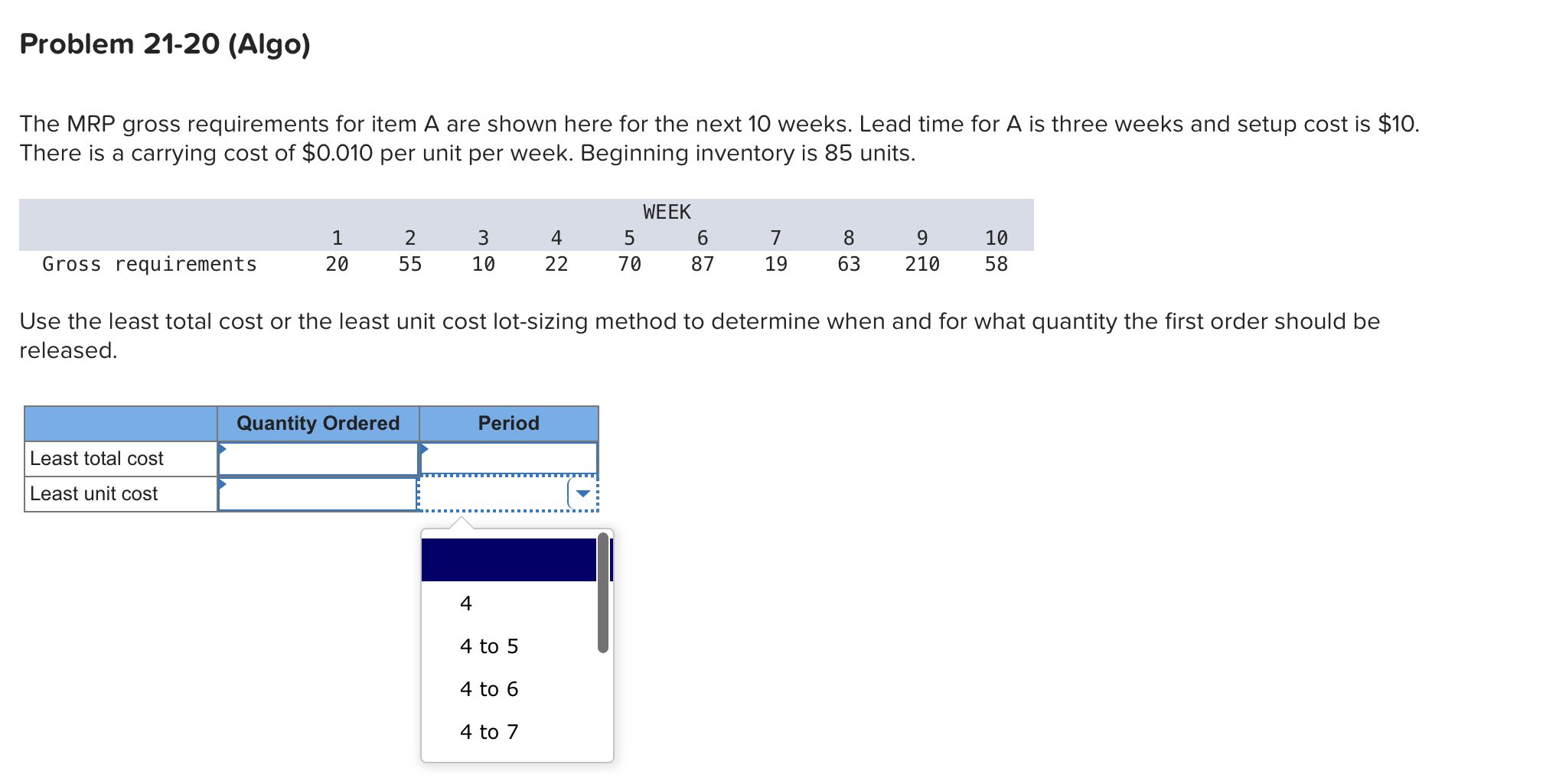 Solved Problem 21-20 (Algo)The MRP gross requirements for | Chegg.com