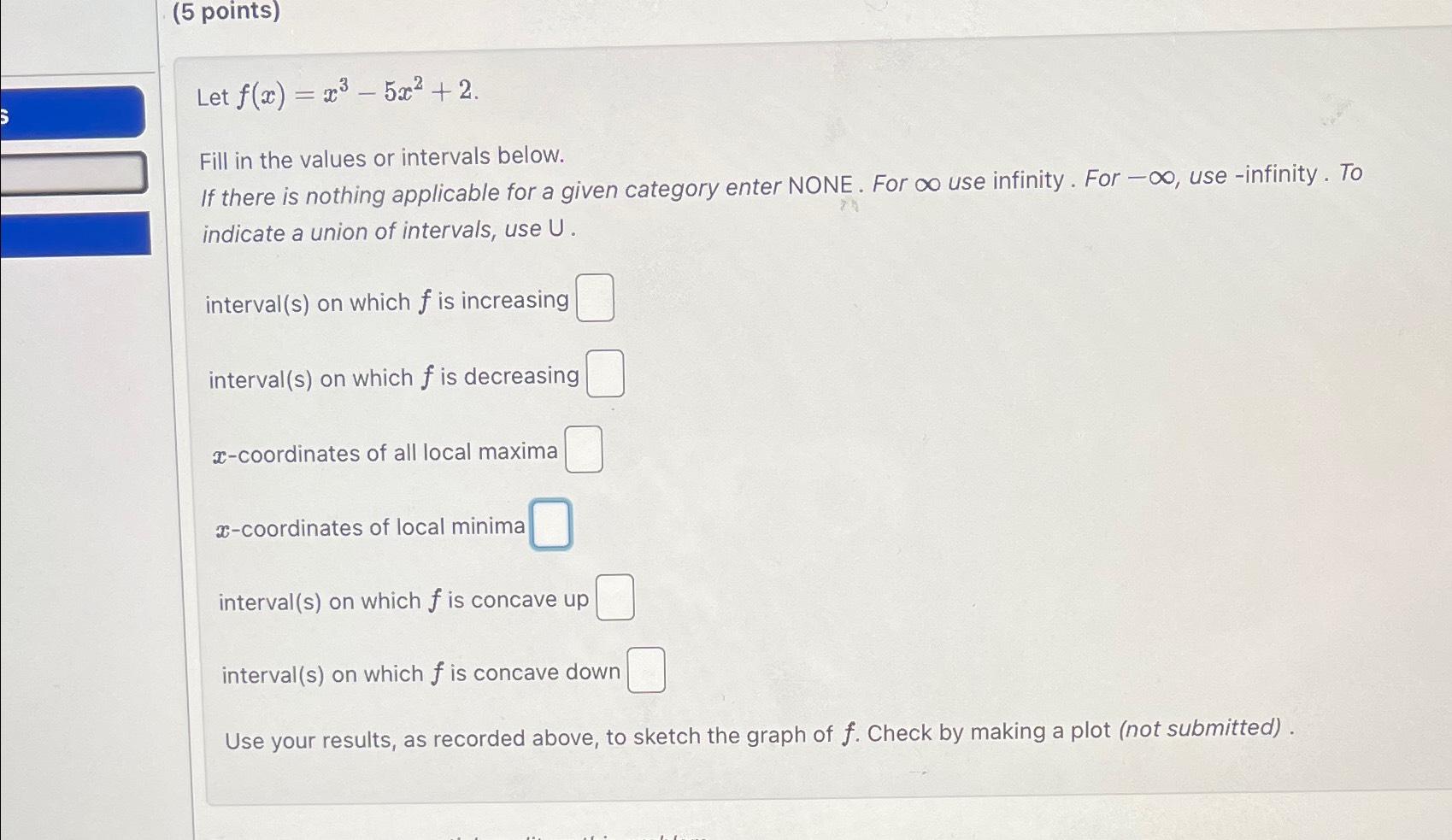 Solved (5 ﻿points)Let f(x)=x3-5x2+2Fill in the values or | Chegg.com