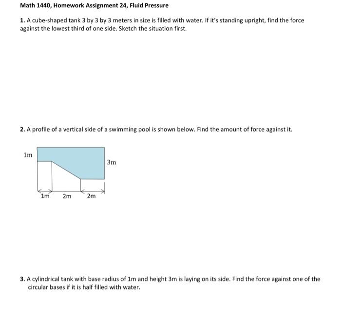 Solved Math 1440, Homework Assignment 24, Fluid Pressure 1. | Chegg.com