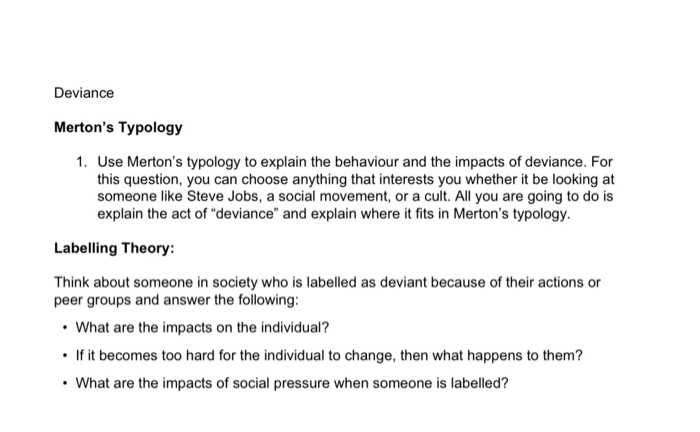 Solved Deviance Merton's Typology 1. Use Merton's typology | Chegg.com
