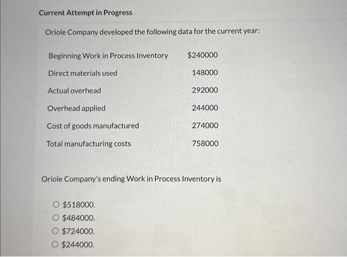 Solved Oriole Company developed the following data for the | Chegg.com