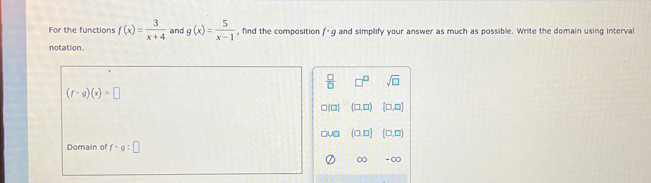 Solved For the functions f(x)=3x+4 ﻿and g(x)=5x-1, ﻿find the | Chegg.com