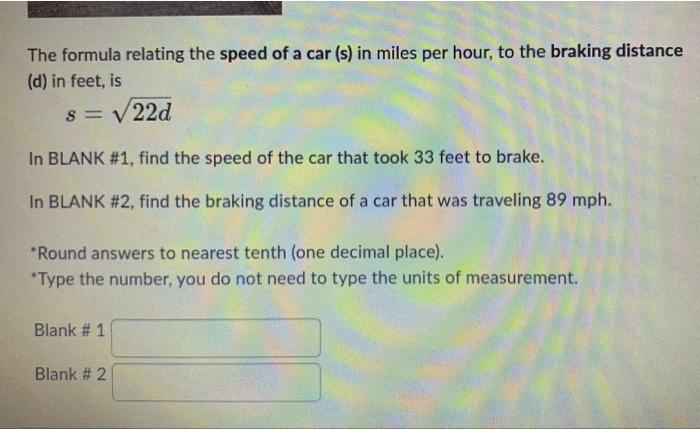 Solved The formula relating the speed of a car (s) in miles | Chegg.com