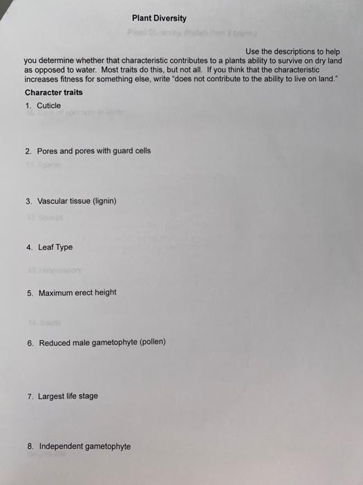 Solved Plant Diversity Use the descriptions to help you | Chegg.com