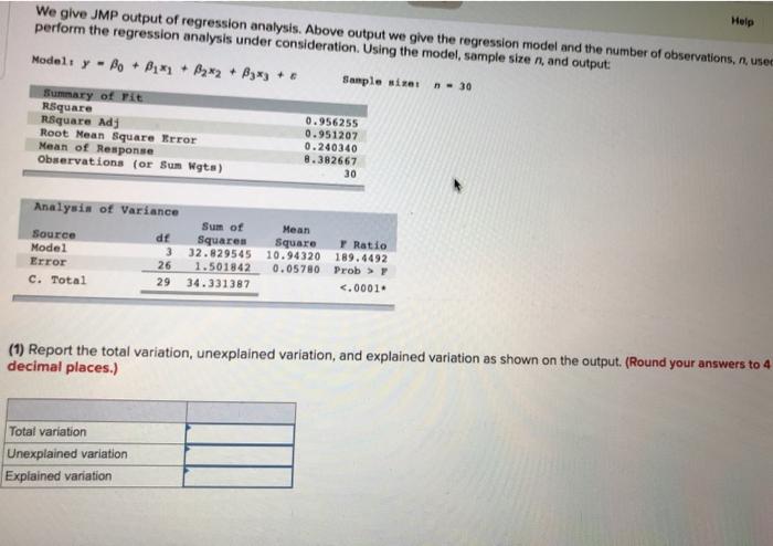 Solved Help We give JMP output of regression analysis. Above | Chegg.com