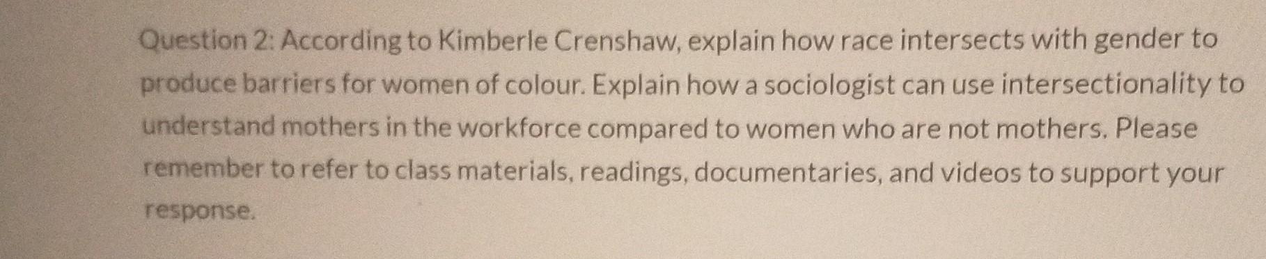 Question 2: According to Kimberle Crenshaw, explain | Chegg.com