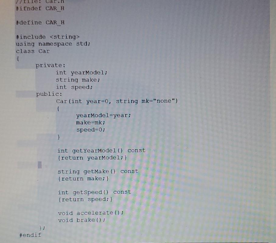 Solved MULTIPLE FILE PROJECT USING THE CAR CLASS Use the Car | Chegg.com