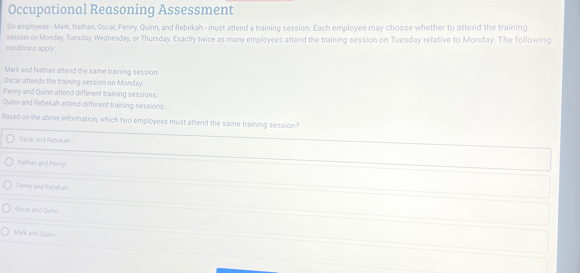Solved Occupational Reasoning AssessmentSix employees - | Chegg.com