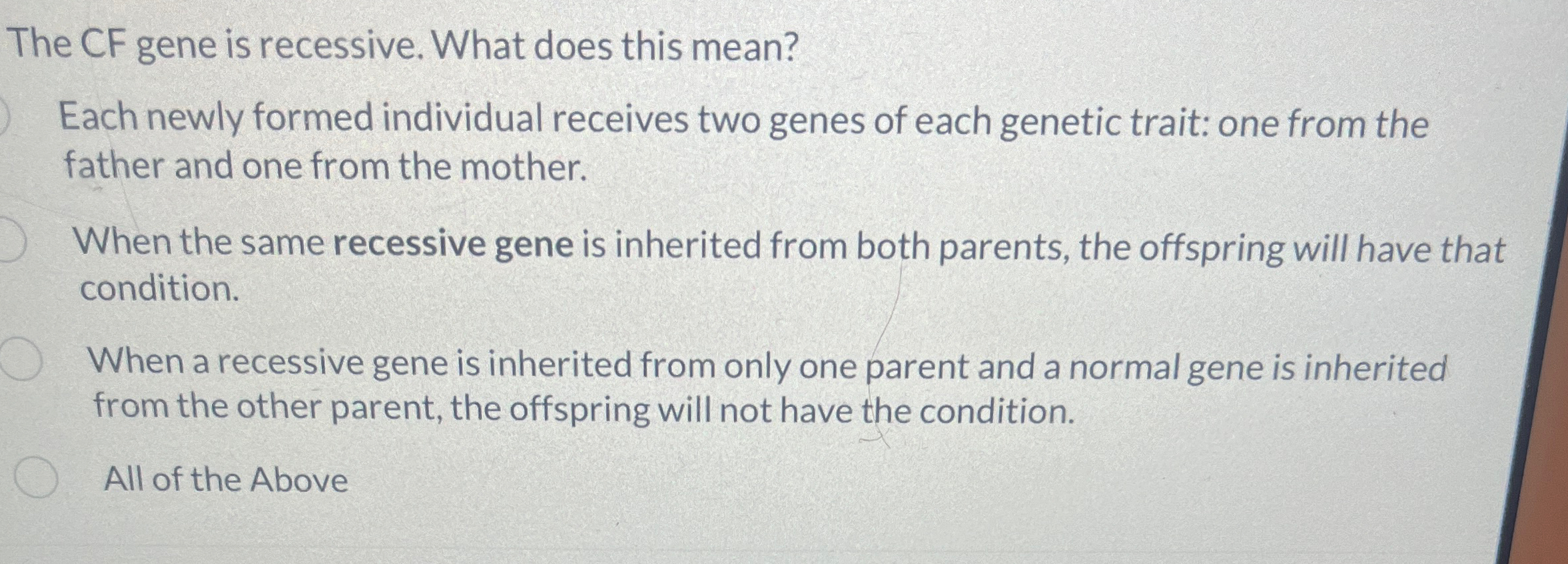 Solved The CF gene is recessive. What does this mean?Each | Chegg.com