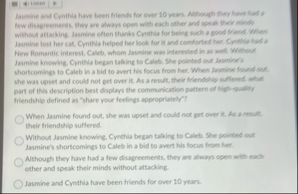Solved Jasmine and Cynithia have been friends for over 10 | Chegg.com