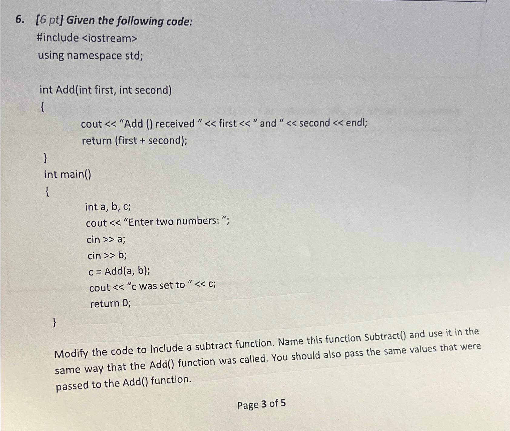 Solved Modify the code to include a subtract function. Name | Chegg.com