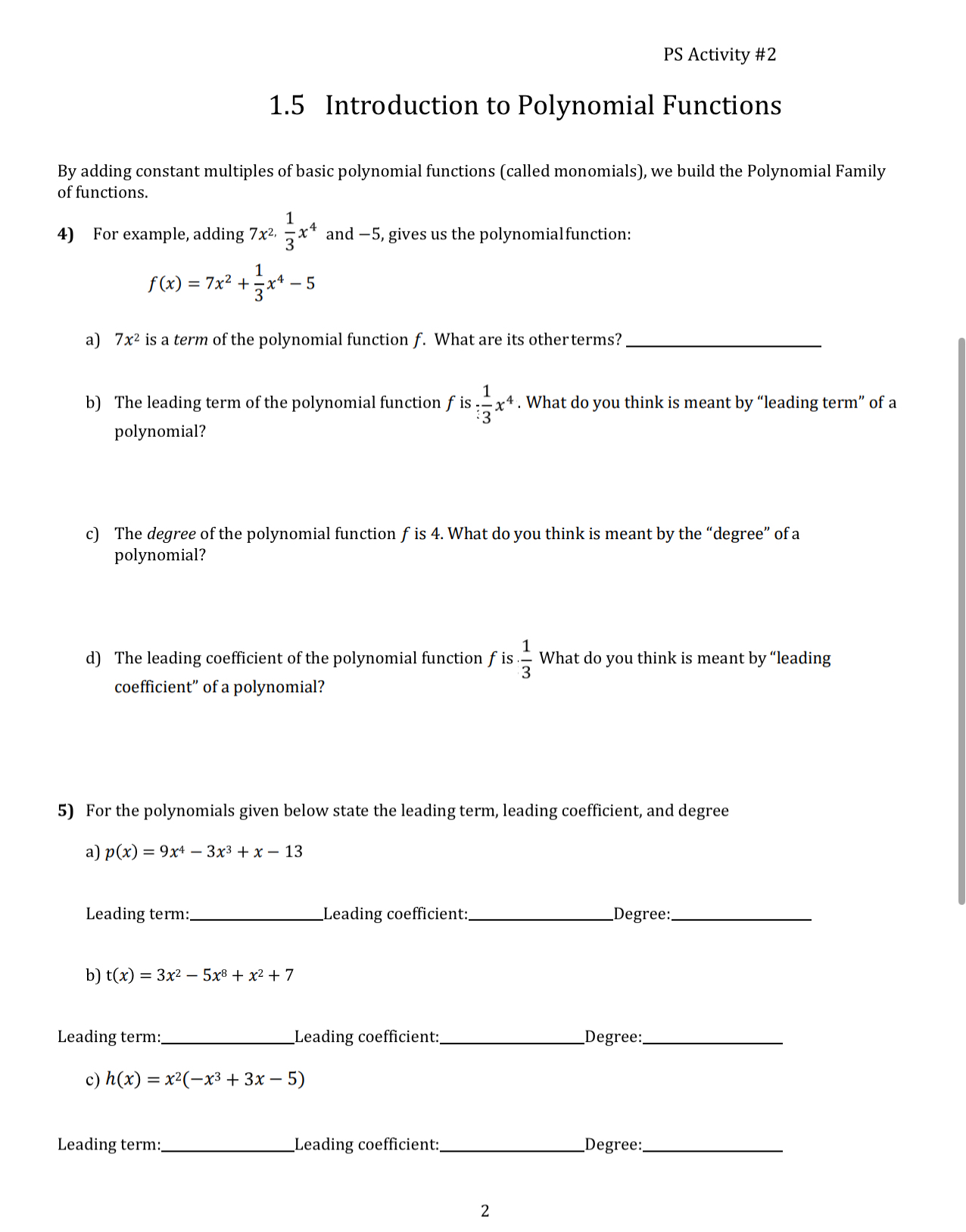 Solved PS Activity #21.5 ﻿Introduction to Polynomial | Chegg.com