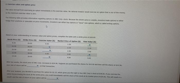 2. Exercise value and option price The value derived | Chegg.com