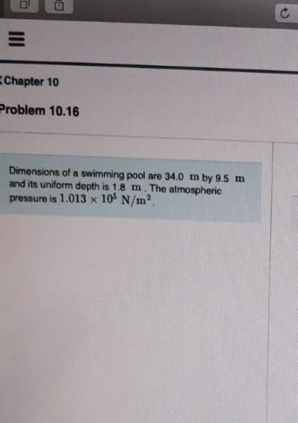 Solved Chapter 10 Problem 10.16 Dimensions of a swimming | Chegg.com
