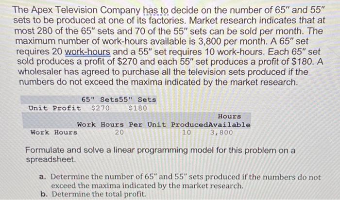 Solved The Apex Television Company has to decide on the | Chegg.com