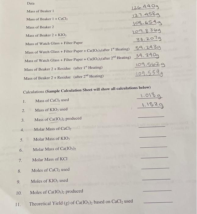 Solved Data Mass of Beaker 1 126.4409 Mass of Beaker 1+CaCl2 | Chegg.com
