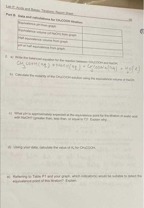 Solved Lab P: Acids and Bases: Titrations: Report Sheet Part | Chegg.com