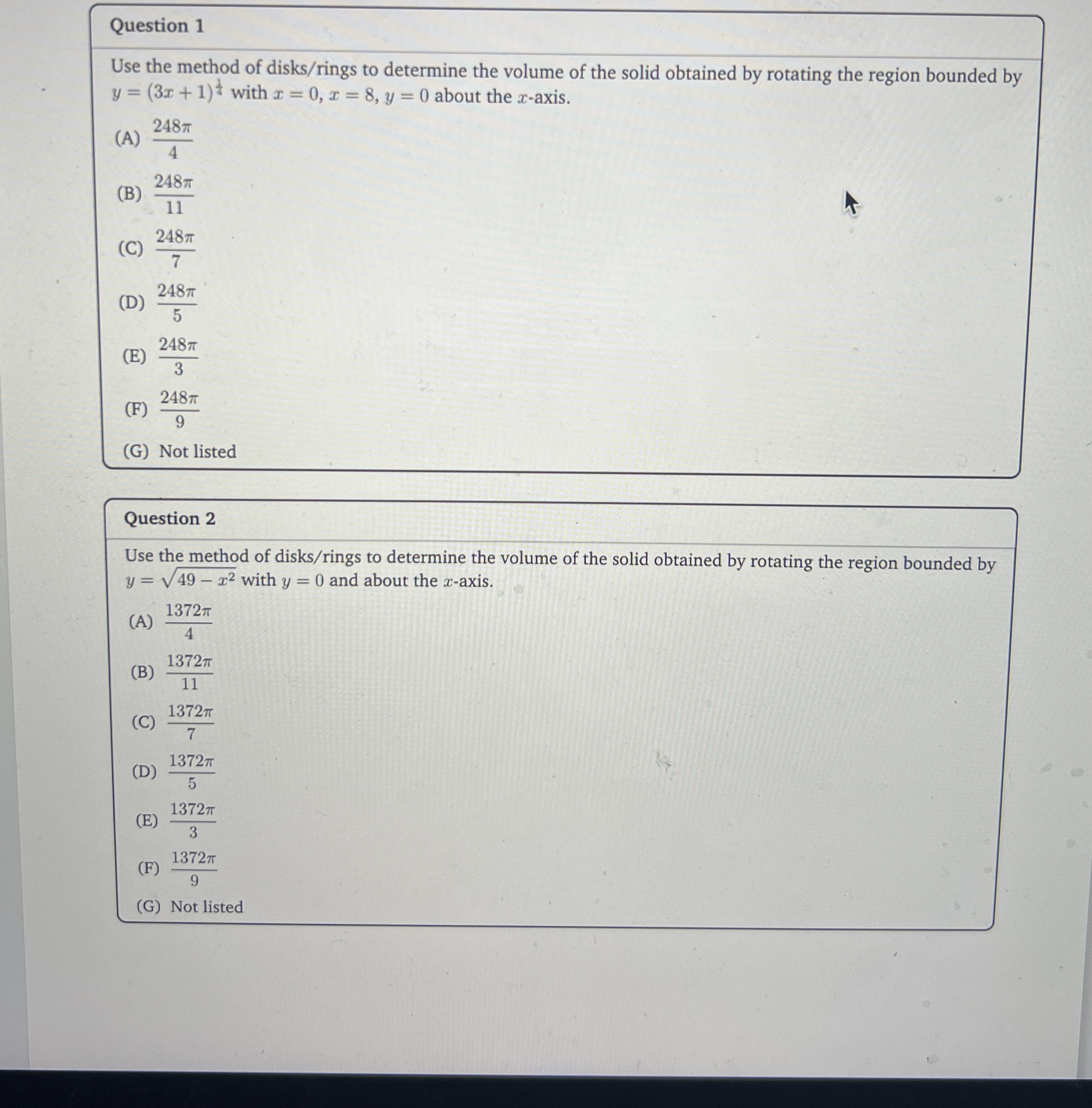 Solved Question 1Use the method of disks/rings to determine | Chegg.com