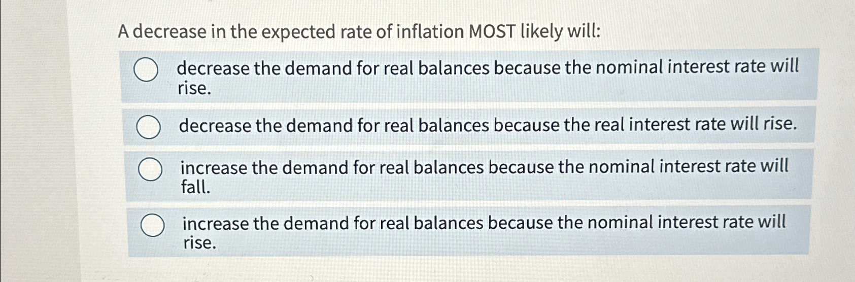 Solved A decrease in the expected rate of inflation MOST | Chegg.com