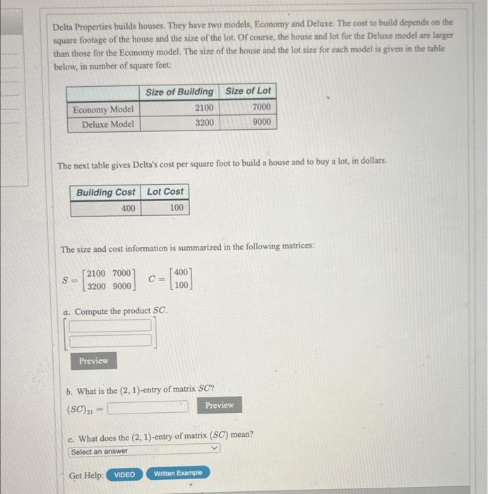 Solved Delta Properties builds houses. They have two models, | Chegg.com