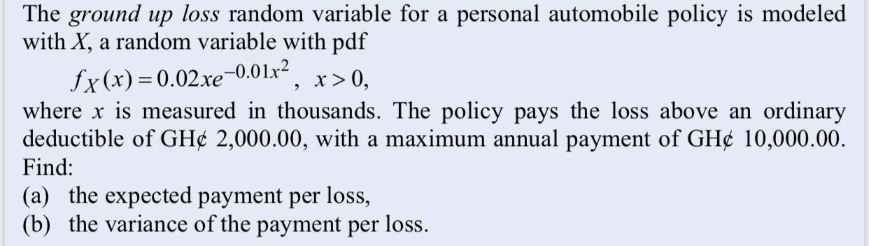 Solved The ground up loss random variable for a personal | Chegg.com