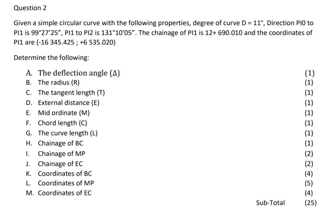 Solved Question 2 Given a simple circular curve with the | Chegg.com