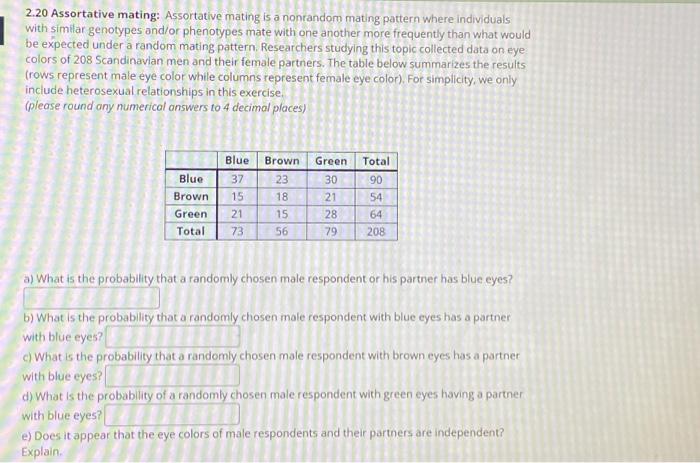 Solved 2.20 Assortative mating: Assortative mating is a | Chegg.com