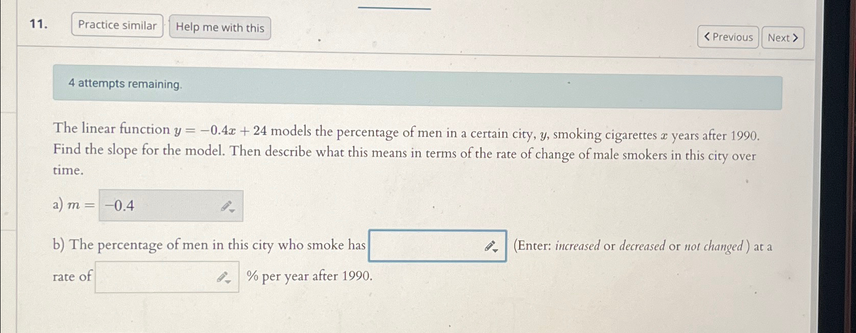 4 ﻿attempts remaining.The linear function y=-0.4x+24 | Chegg.com
