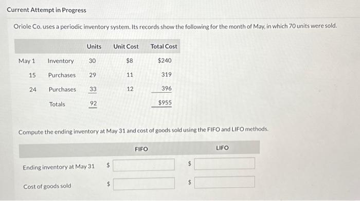 Solved Current Attempt in Progress Oriole Co. uses a | Chegg.com