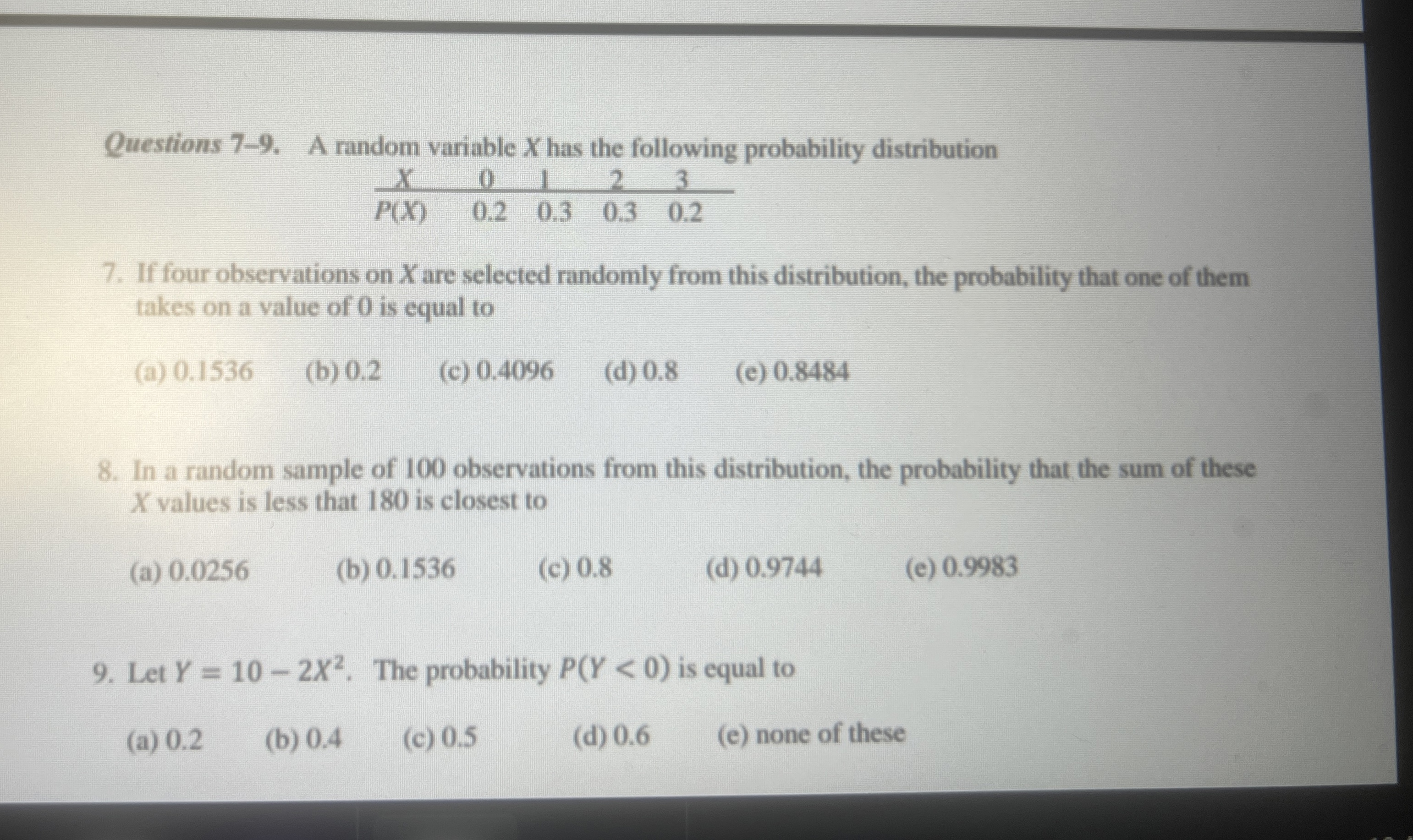Solved Questions 7-9. ﻿A random variable x ﻿has the | Chegg.com