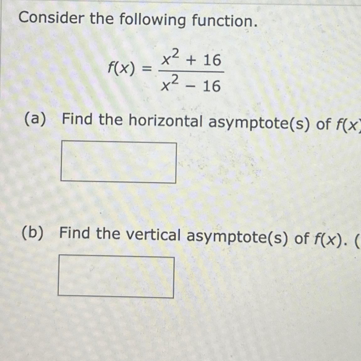 Solved Consider the following function.f(x)=x2+16x2-16(a) | Chegg.com