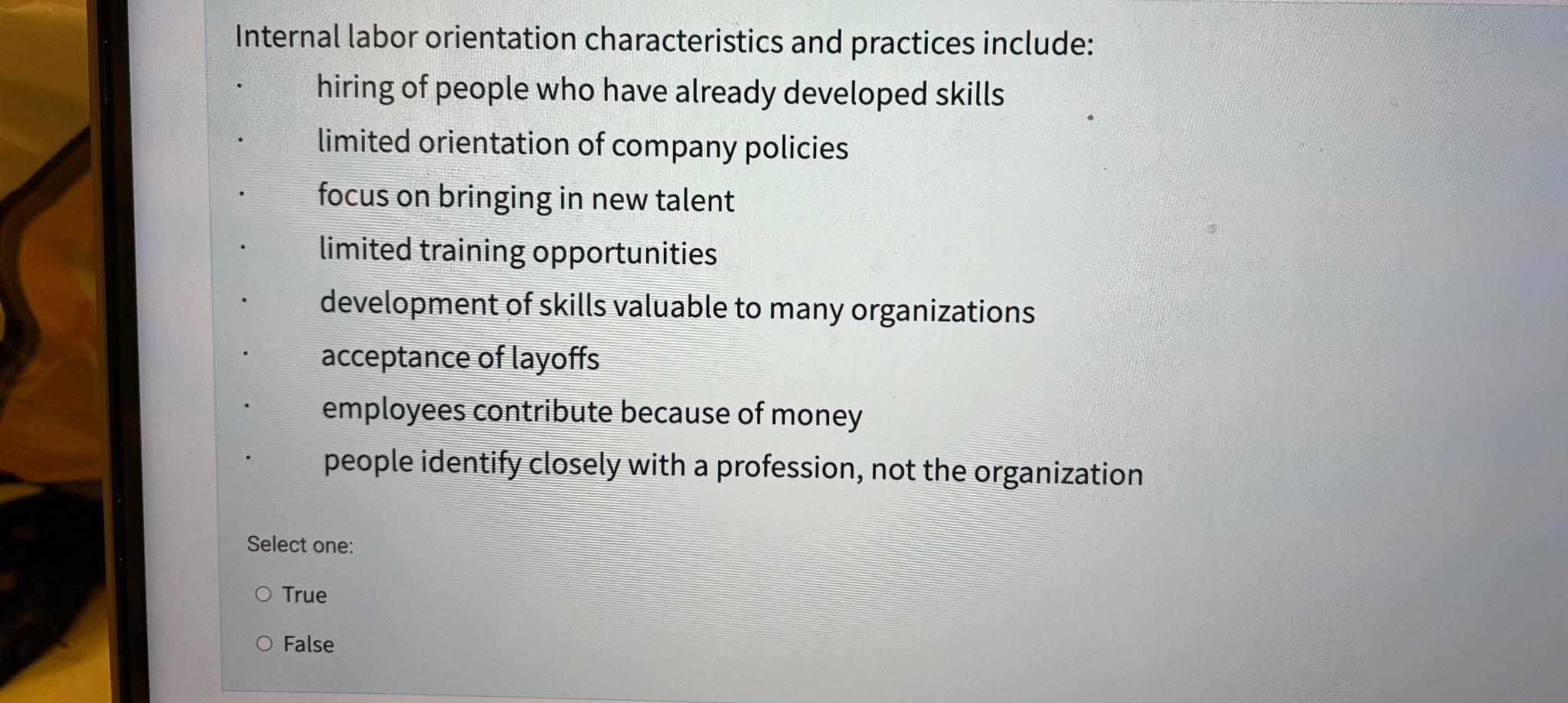 Solved Internal labor orientation characteristics and | Chegg.com